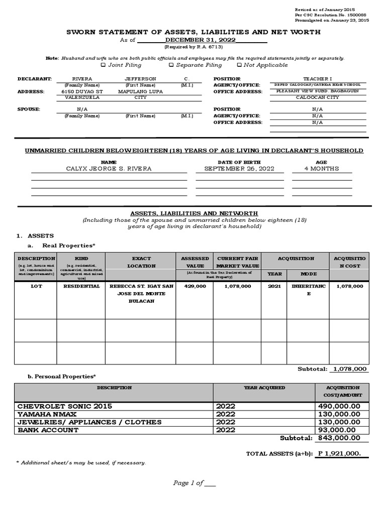 2015 SALN Form | PDF | Net Worth | Banks
