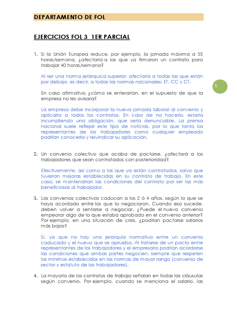 Ejercicios Fol 3 1er Parcial | PDF | Derecho laboral | Acuerdo colectivo