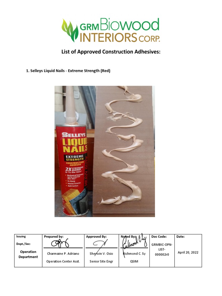 GRMBIC List of Approved Construction Adhesives Rev.00 Signed | PDF