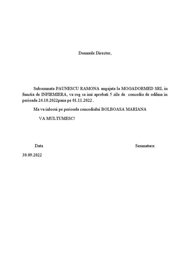 Model Cerere Concediu | PDF