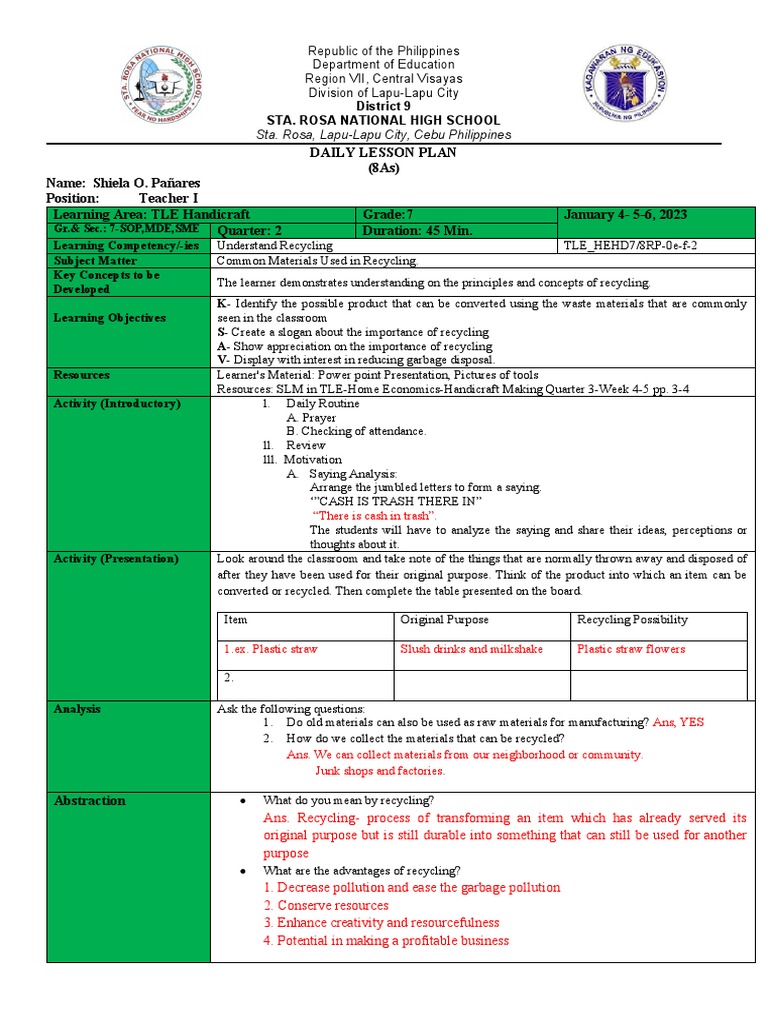 Daily Lesson Plan: Recycling in TLE | PDF | Recycling | Waste