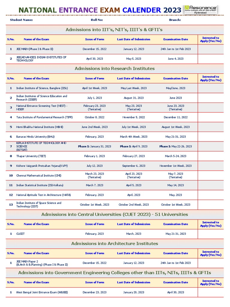 Entrance Exam Calender 2023 (Student Copy) | PDF | Student Assessment ...