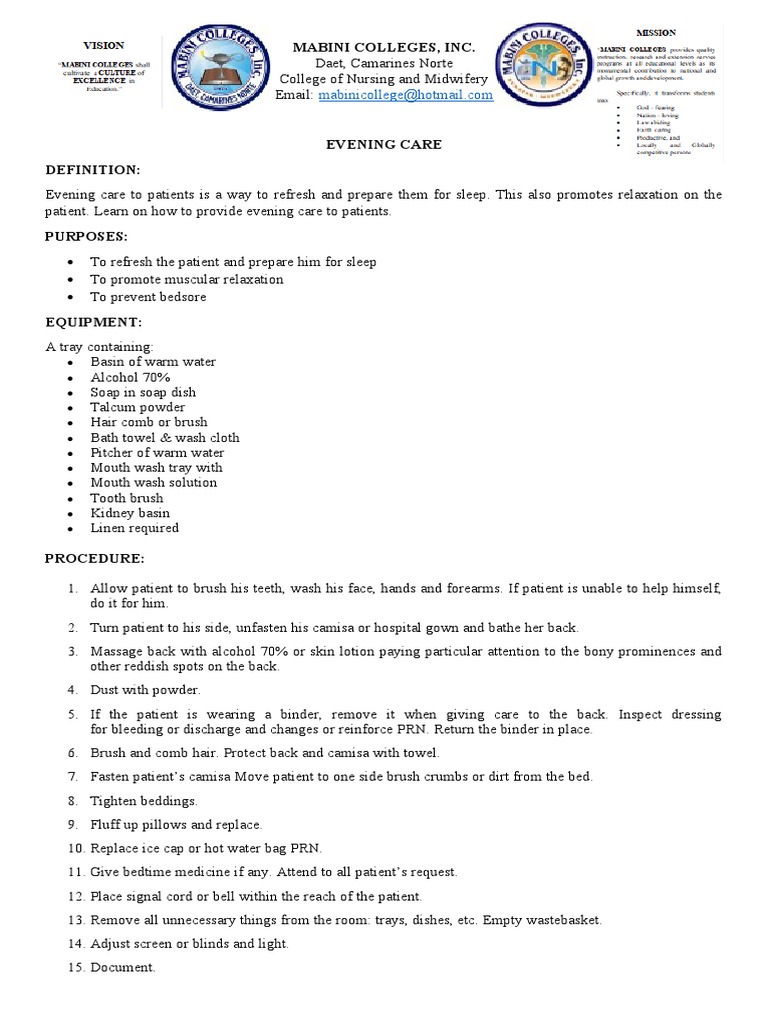Evening Care Module and Checklist | PDF | Patient | Medicine