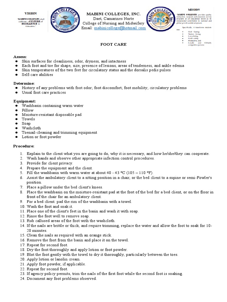 Foot Care Procedure Checklist Guide | PDF | Nail (Anatomy) | Hand Washing