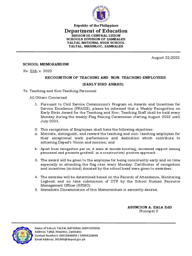 School Memo On Early Bird | Download Free PDF | Organizational Behavior