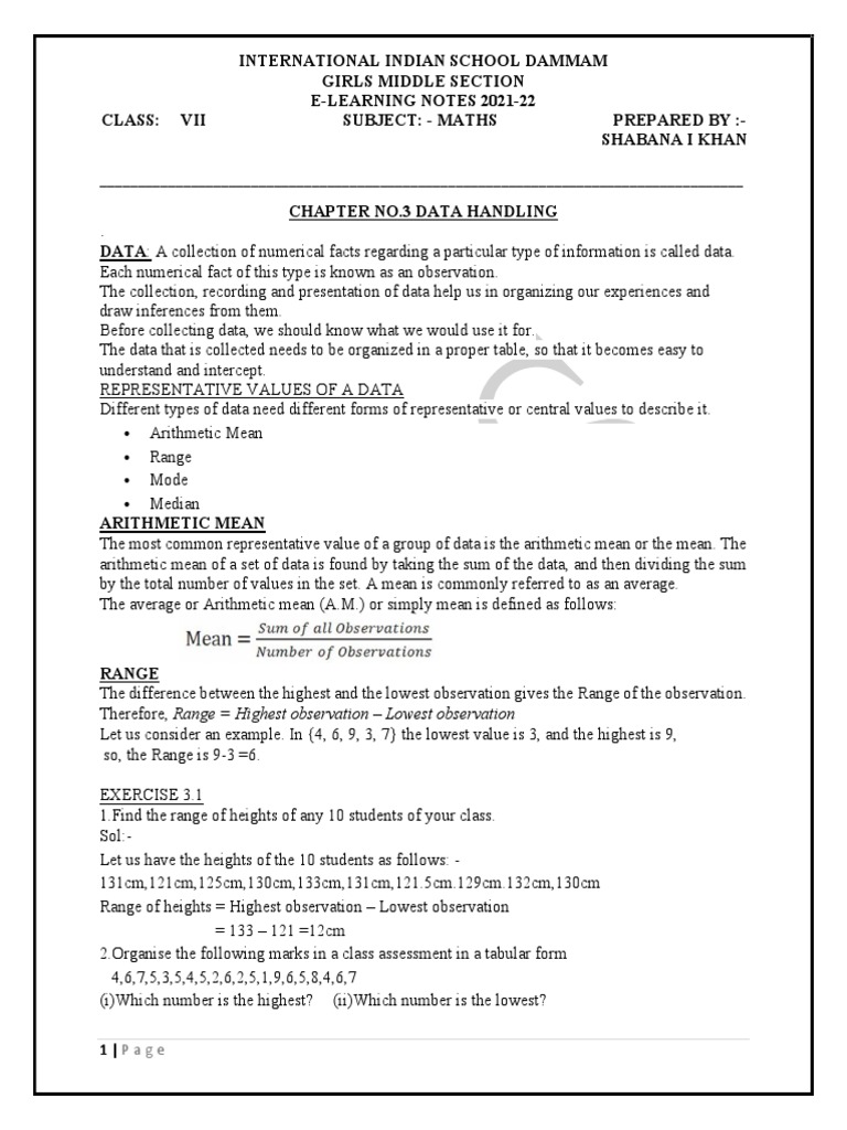 Ch.3 Data Handling Notes 21-22 | PDF | Mean | Mode (Statistics)