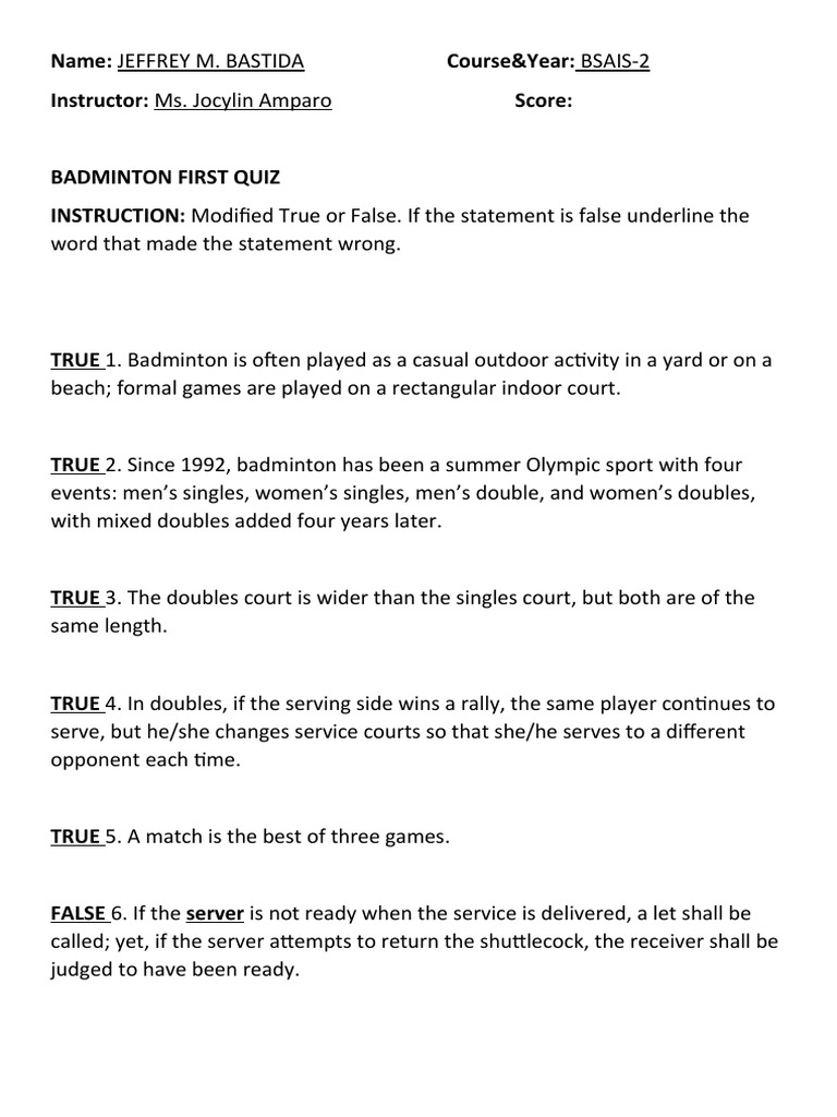 QUIZ (Badminton) - P.E 213 | PDF | Games Of Physical Skill | Athletic ...