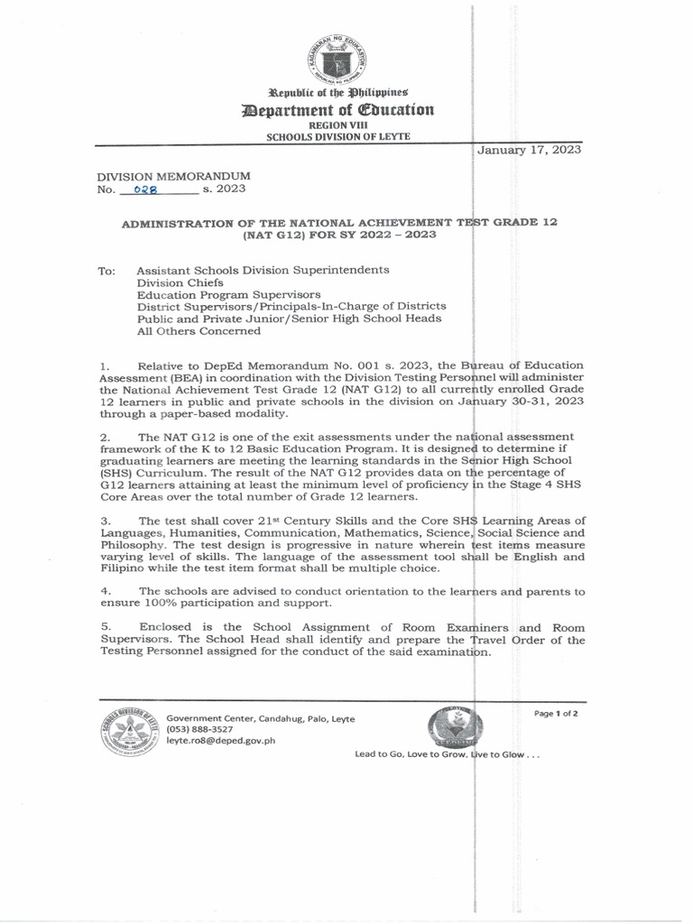 DM No. 028 S. 2023 Administration of The National Achievement Test ...