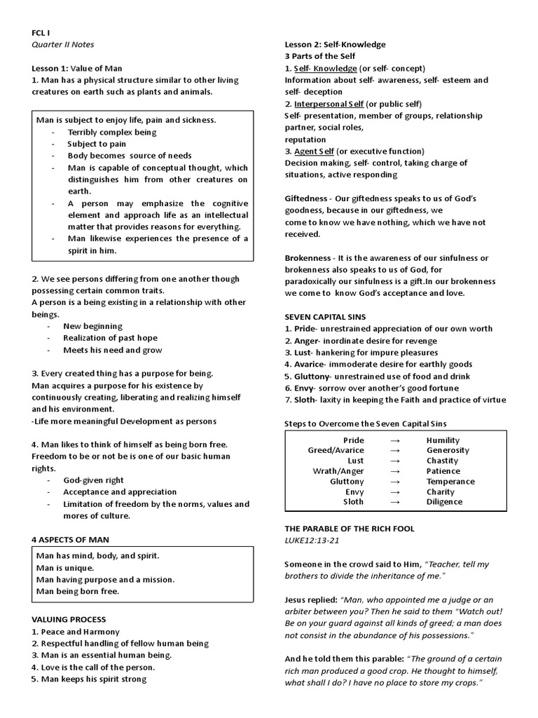 FCL 1 Notes And Lesson Summary PDF Seven Deadly Sins Peace