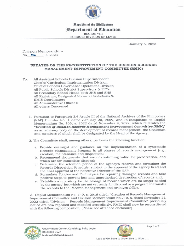 DM No. 012, S. 2023 - Updates On The Reconstitution of The Division ...