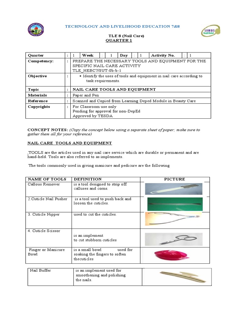 TLE 7 and 8 Nail Care Week 1 | PDF | Nail (Anatomy) | Chair