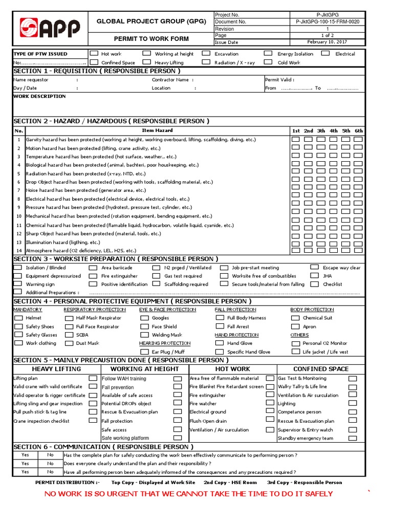 PTW Form 1-1 | Download Free PDF | Hazards | Personal Protective Equipment