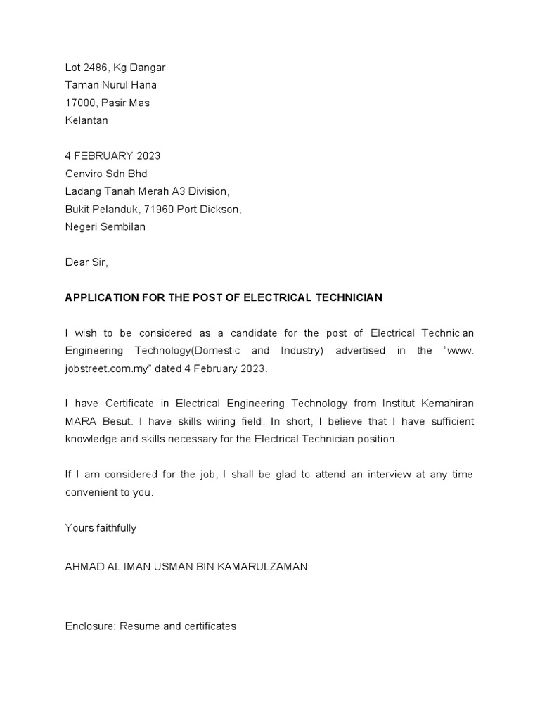 Electrical Technician Job Application for Cenviro Sdn Bhd | PDF