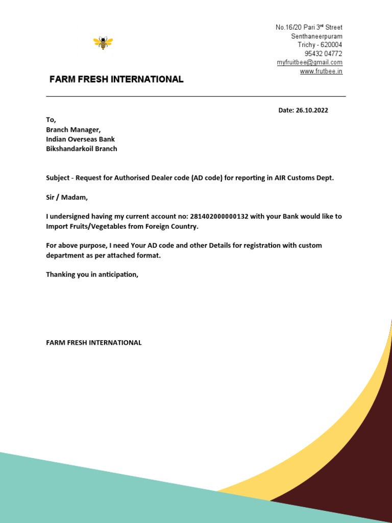 Request for Authorised Dealer Code from Indian Overseas Bank to ...