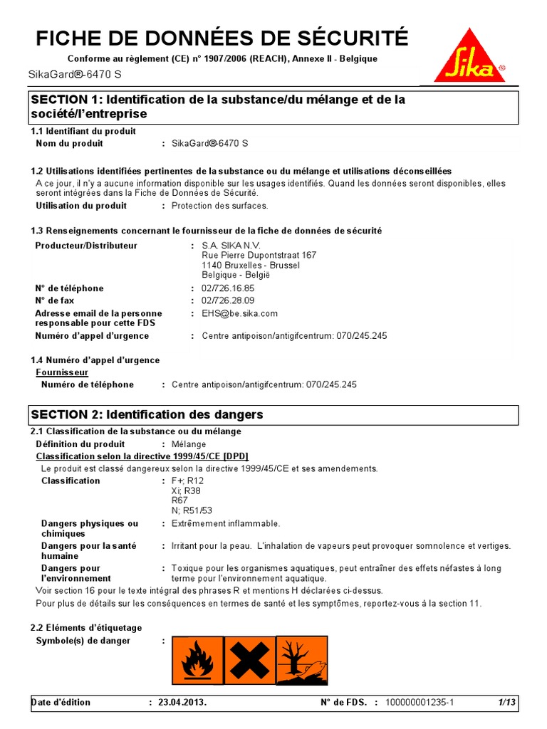 Fiche Securite Sikagard 6470S FR | PDF | Pompier | Toxicologie