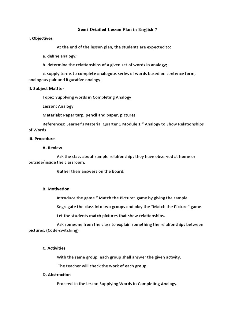 Lesson Plan English 7 | PDF | Analogy | Lesson Plan