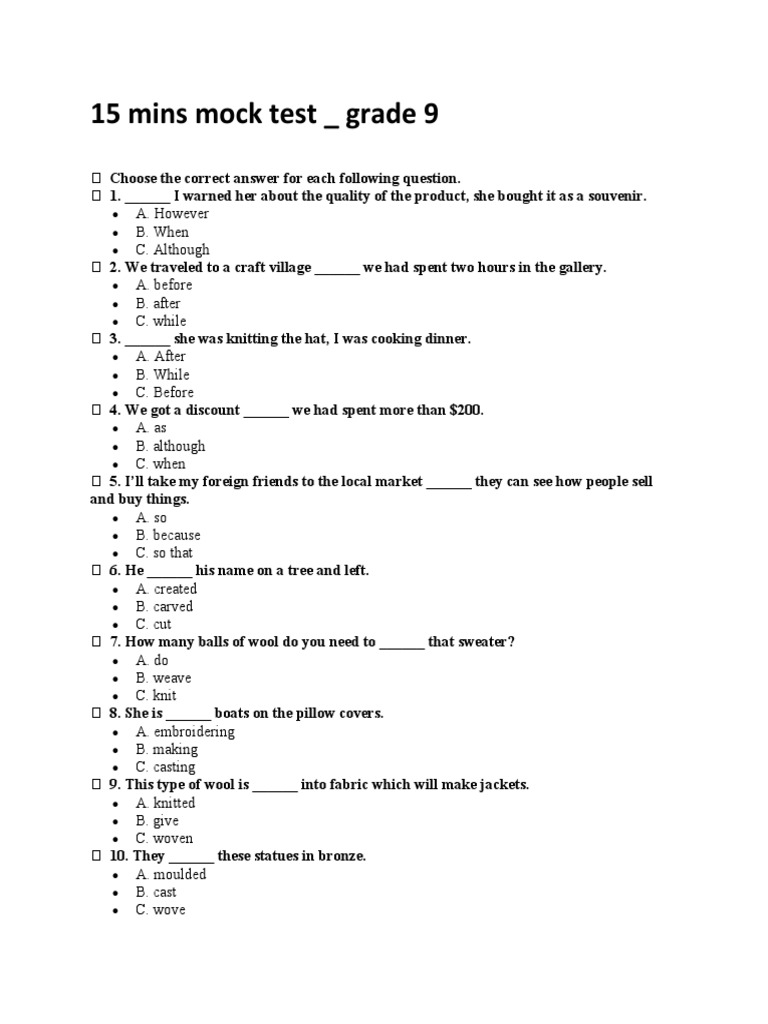 15 Mins Test Grade 9 | PDF | Weaving | Textile Arts