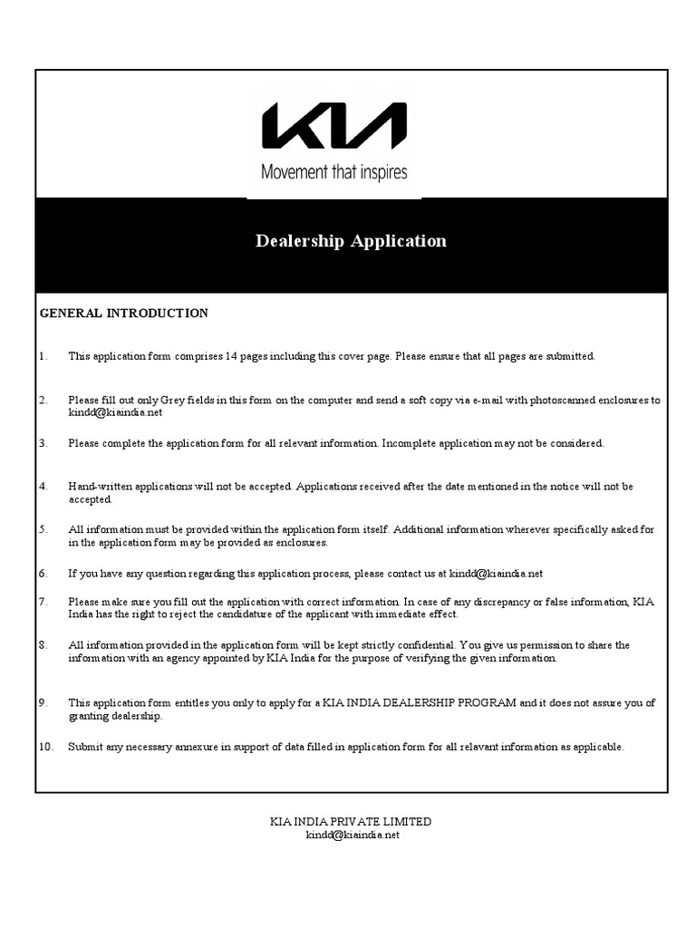 KIA India Dealer Application Form | PDF | Equity (Finance) | Revenue