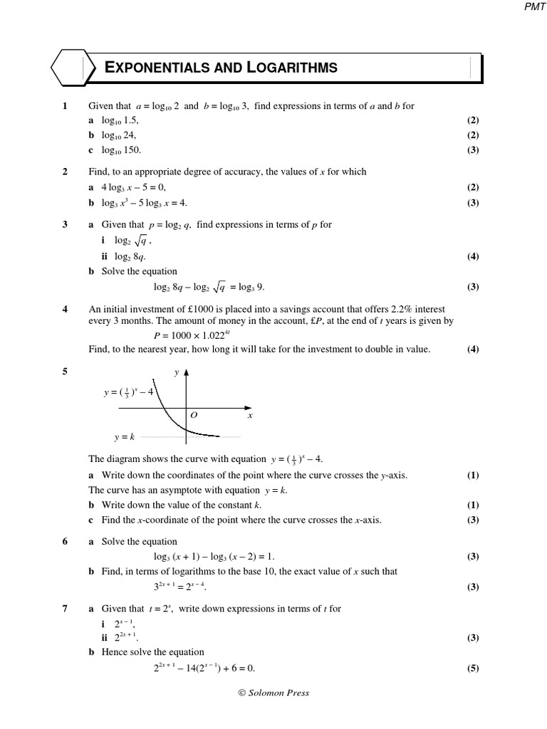 6a. Mixed Exam-Style Questions On Exponentials and Logarithms | PDF | Equations | Mathematical ...