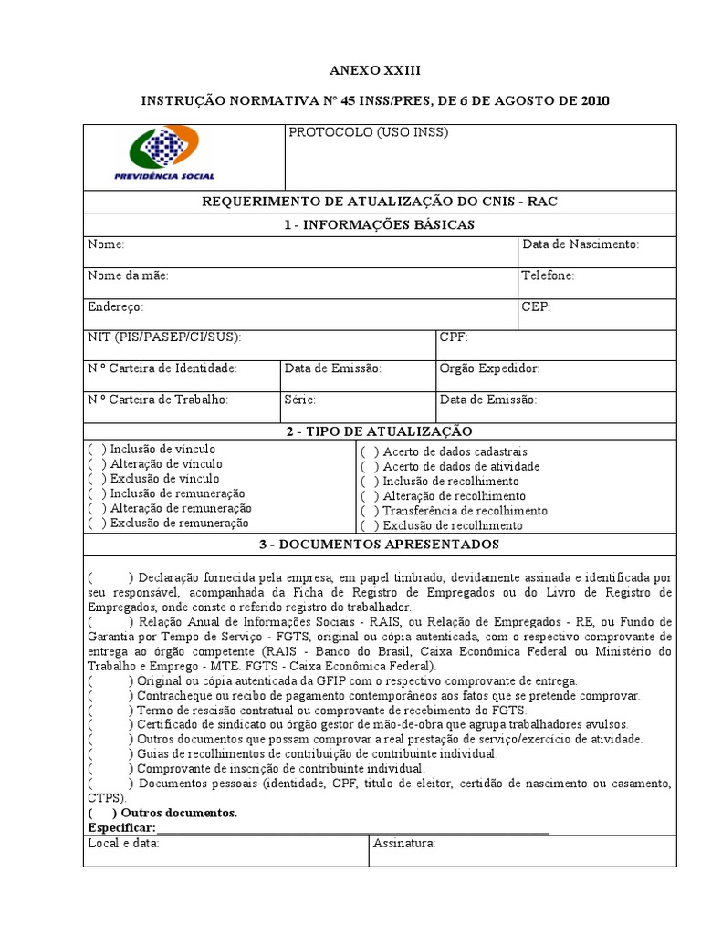 Anexo Xxiii Requerimento de Atualizacao Do Cnis Rac | PDF | Economias ...