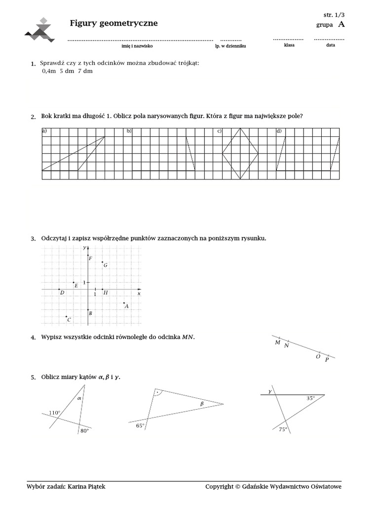 Sprawdzian - Geometria - Klasa 7 | PDF