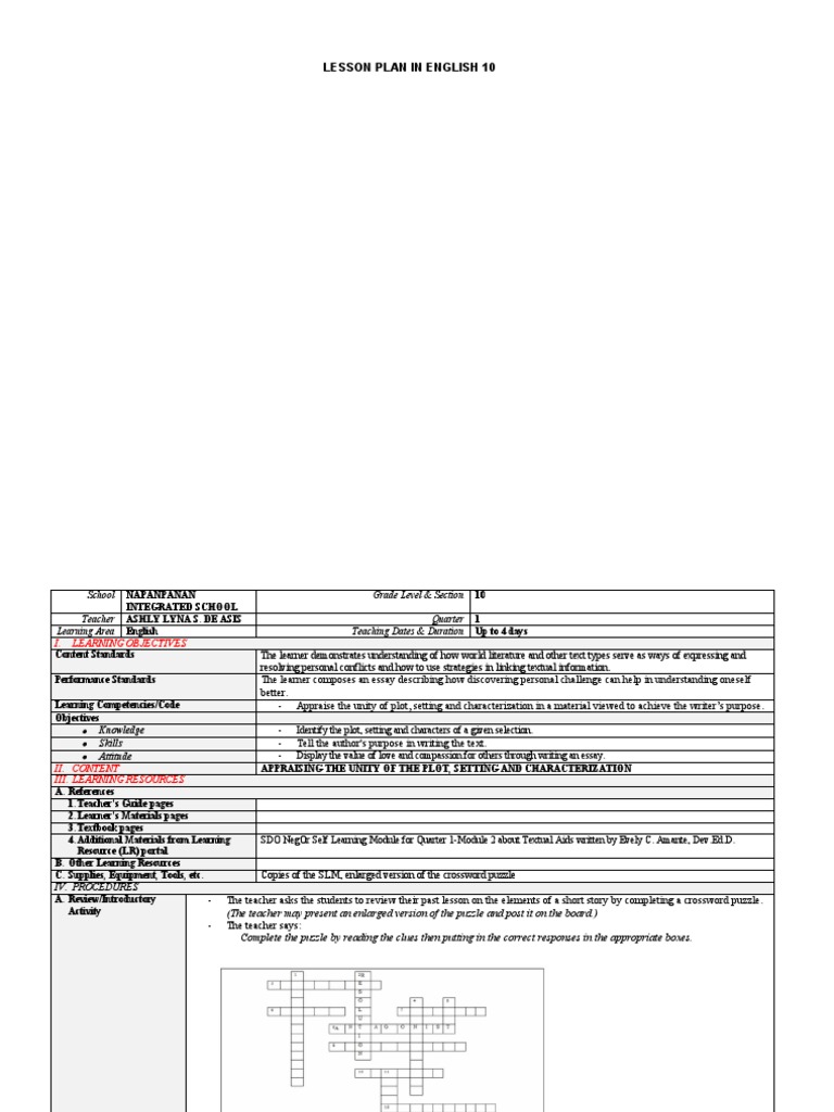 English 10 Lesson Plan: Plot & Character | PDF | Language Arts & Discipline
