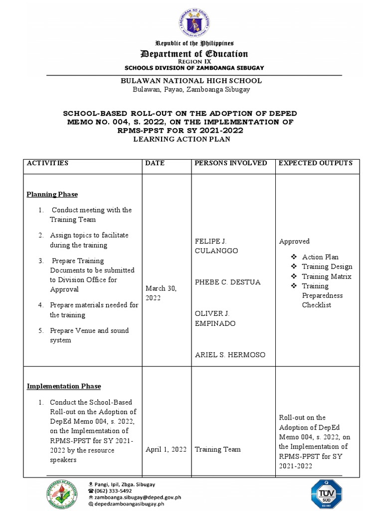 Action Plan - Rpms-Bulawan Nhs | PDF