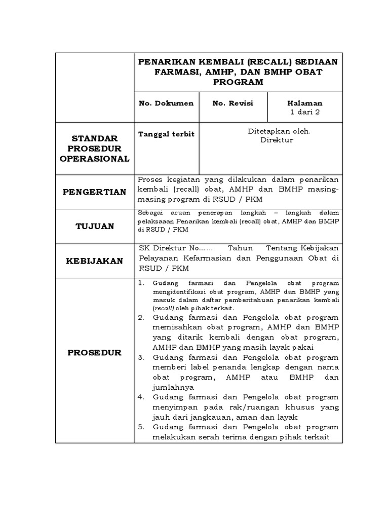 Prosedur Recall Obat di RSUD/PKM | PDF