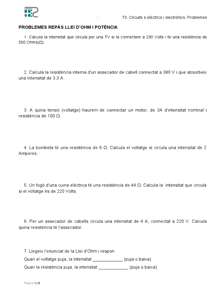 Tema 3. Circuits Elèctrics I Elctrònics. Problemes | PDF
