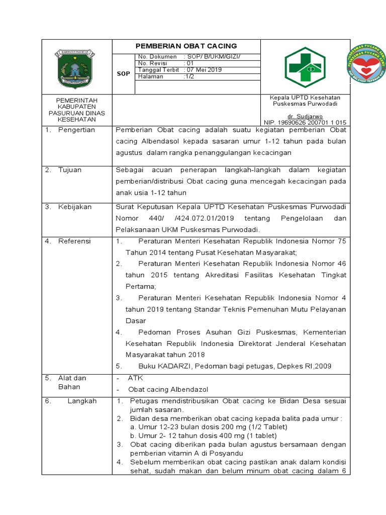 SOP Pemberian Obat Cacing (2019) | PDF