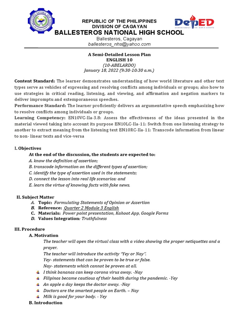 Lesson Plan On Assertions | PDF | Learning | Lesson Plan