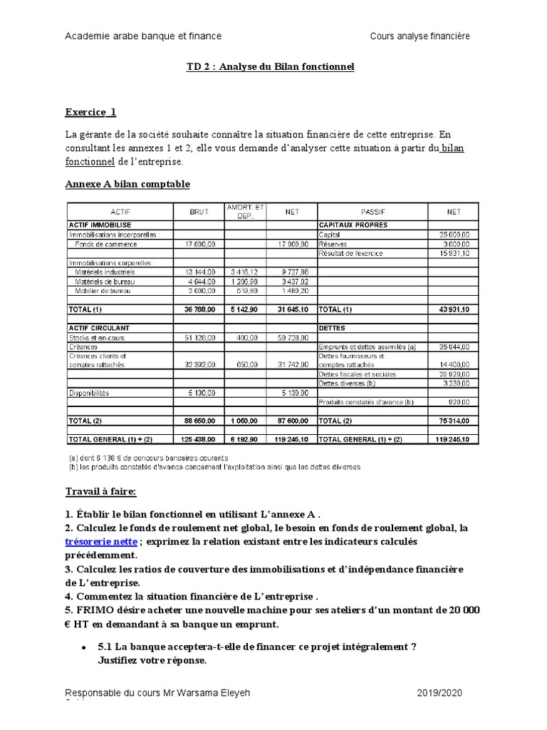 TD 1 Bilan Fonctionnel | PDF | Bilan comptable | Fonds de roulement