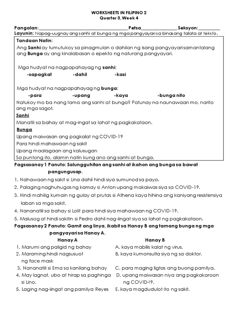 Worksheet W 4 Filipino 2 3rd QTR | PDF