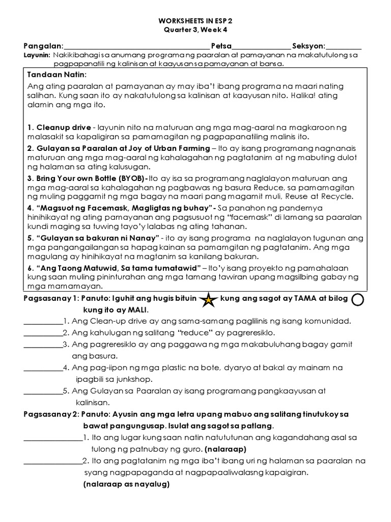 Worksheet W 4 ESP2 3rd QTR | PDF