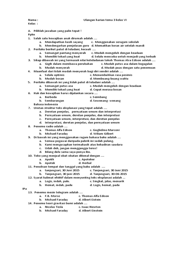 Soal Ulangan Harian Tema 3 Kelas 6 | PDF