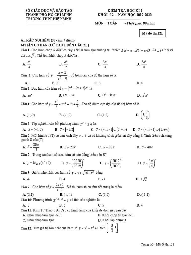 De Thi Hoc Ki 1 Toan 12 Nam 2019 2020 Truong THPT Hiep Binh TP HCM | PDF
