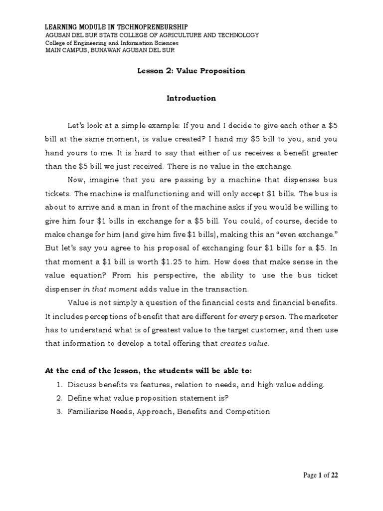 Lesson 2 - Value Proposition | PDF | Marketing | Brand