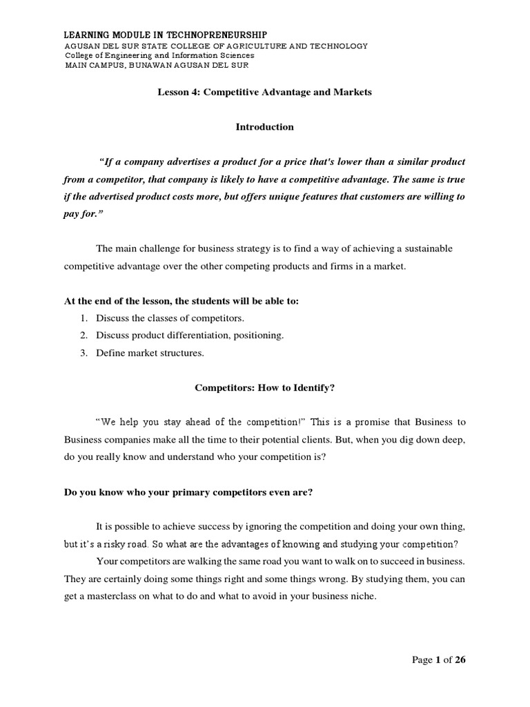 Lesson 4 - Competitive Advantage and Market | PDF | Competitive ...