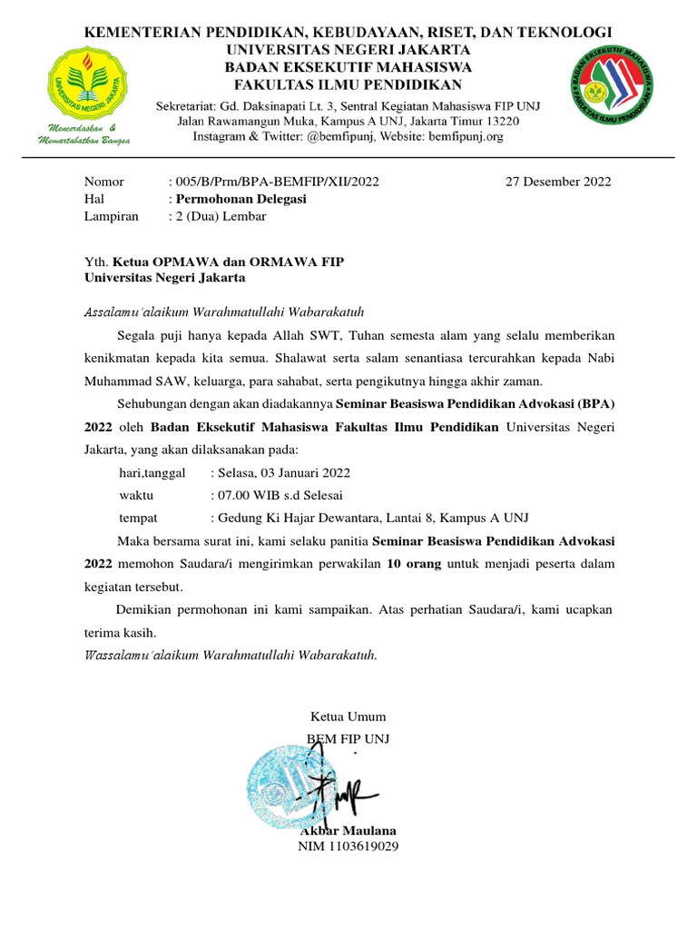 005 - Surat Permohonan Delegasi Seminar BPA 2022 | PDF