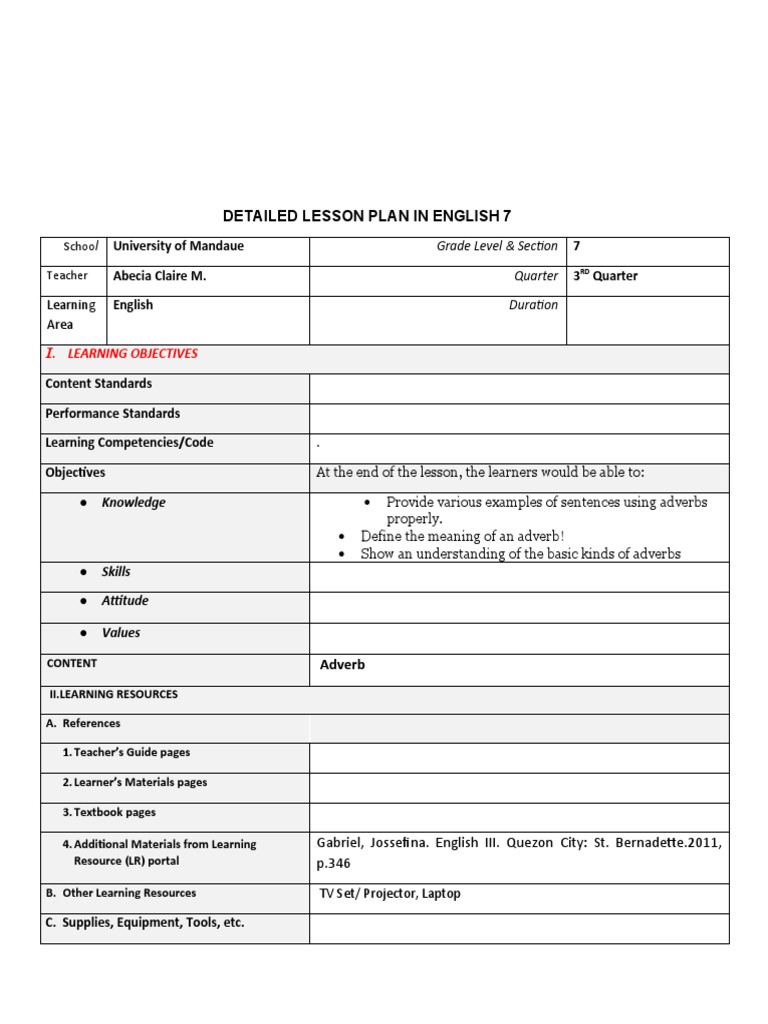 Lesson Plan Adverb | Download Free PDF | Adverb | Verb