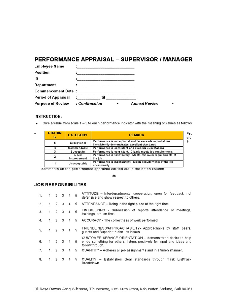 Appraisal Form Manager and Supervisor Level | PDF | Performance ...