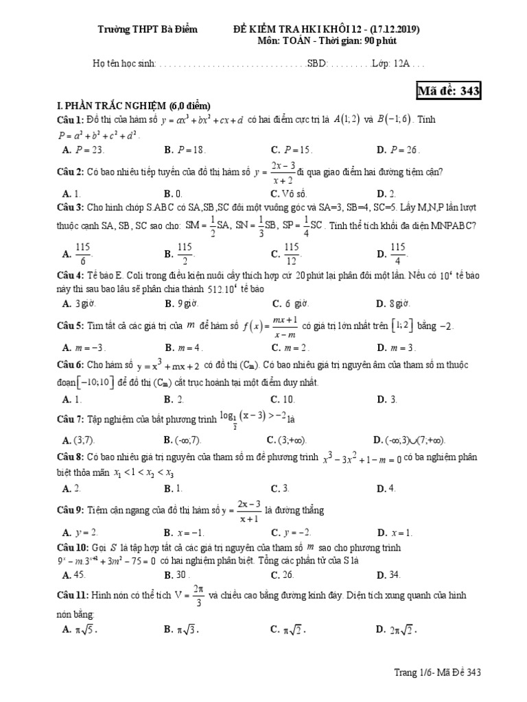 De Thi Hoc Ki 1 Toan 12 Nam 2019 2020 Truong THPT Ba Diem TP HCM | PDF