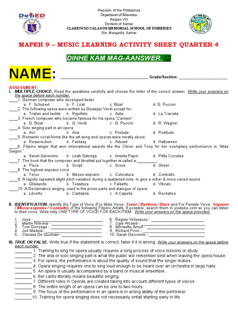 Music 9 Quarter 4 Worksheet and Module | PDF | Singing | Opera