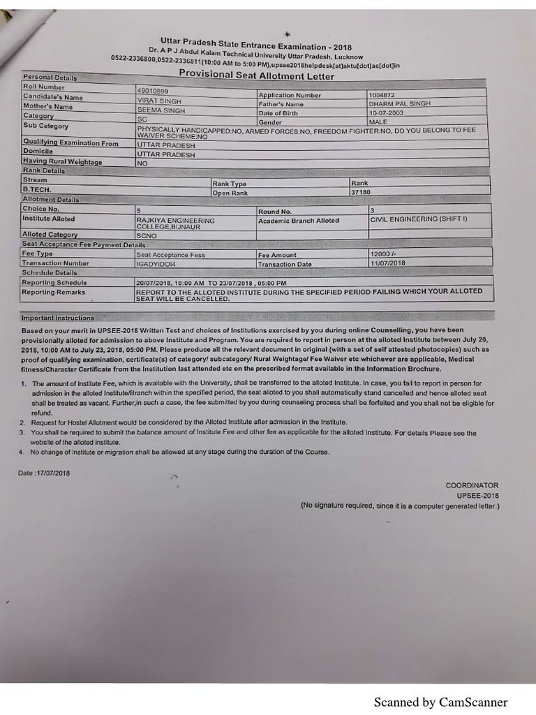 Seat Allotment Letter | PDF
