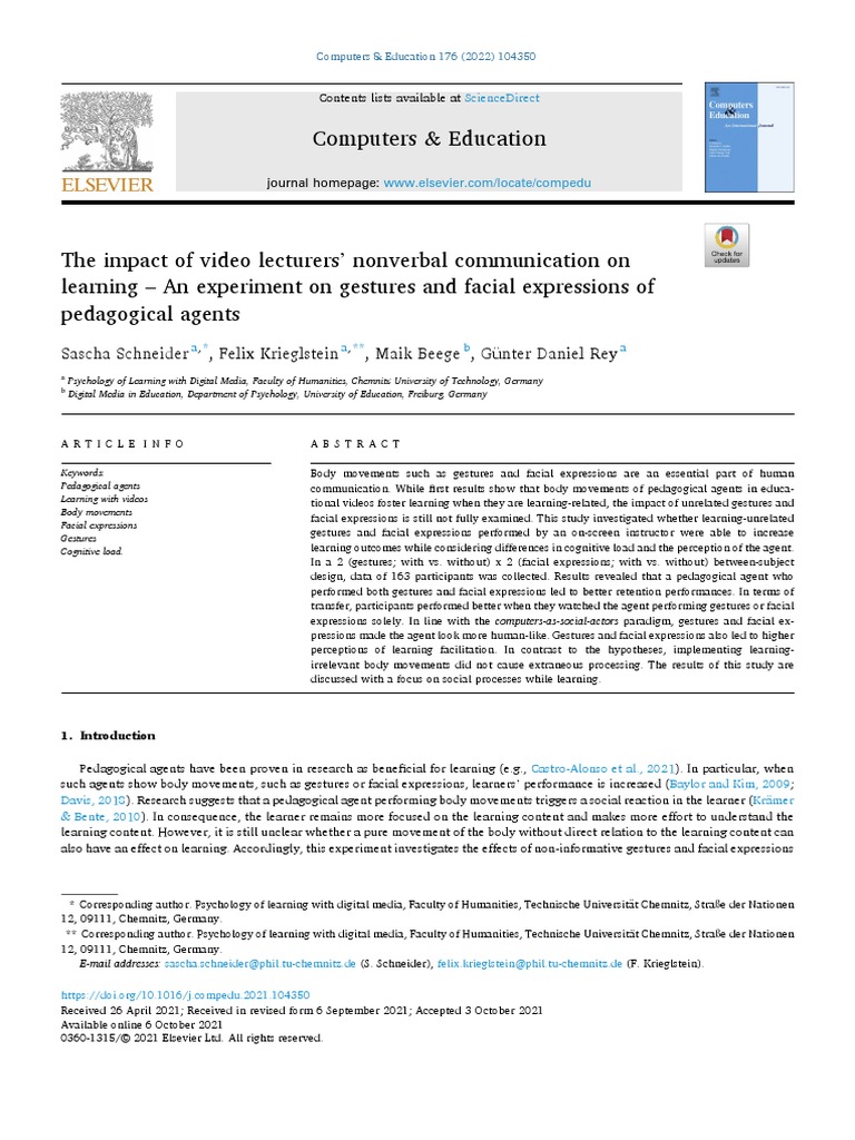 2022 - Schneider Et Al. - The Impact of Video Lecturers' Nonverbal Communication On Learning ...