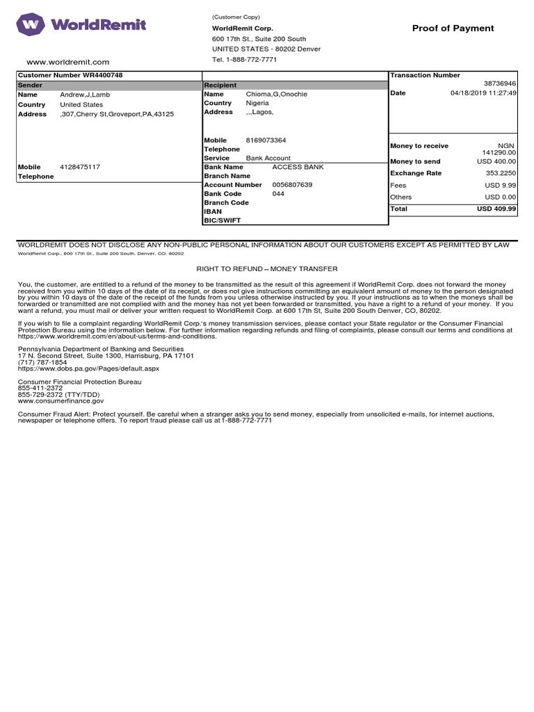 Proof of Payment for an International Money Transfer of $400 USD from ...