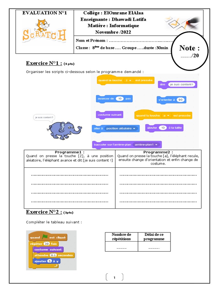 Évaluation Informatique 8ème : Scratch | PDF | Scratch (Langage de programation) | Programmation ...