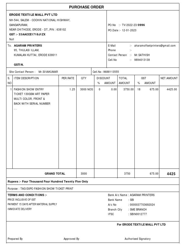 Purchase Order: Erode Textile Mall PVT LTD | PDF