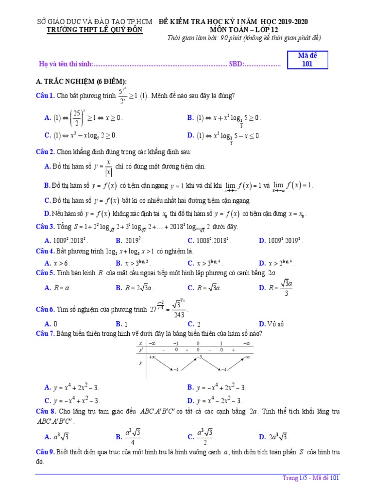 De Thi hk1 Toan 12 Nam 2019 2020 Truong THPT Le Quy Don TP HCM | PDF