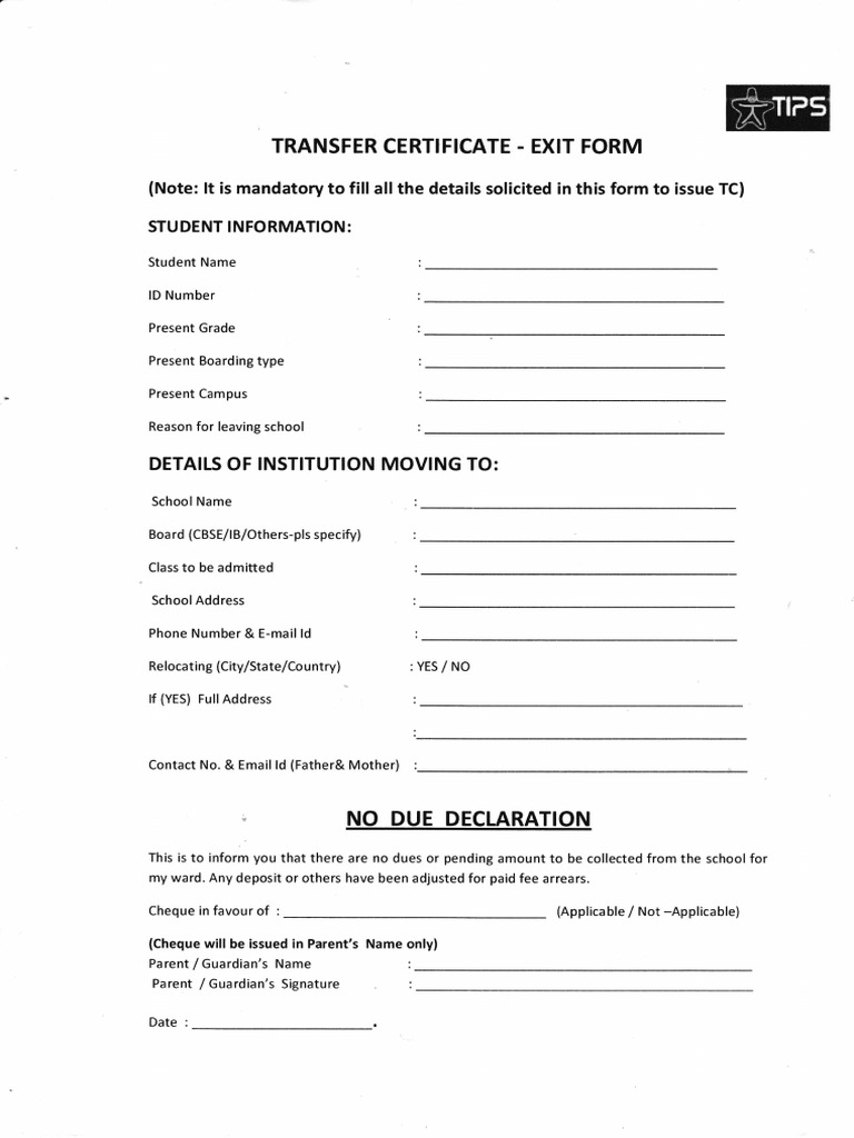 TC Exit Form (To Be Filled by The Parent) .4 | PDF